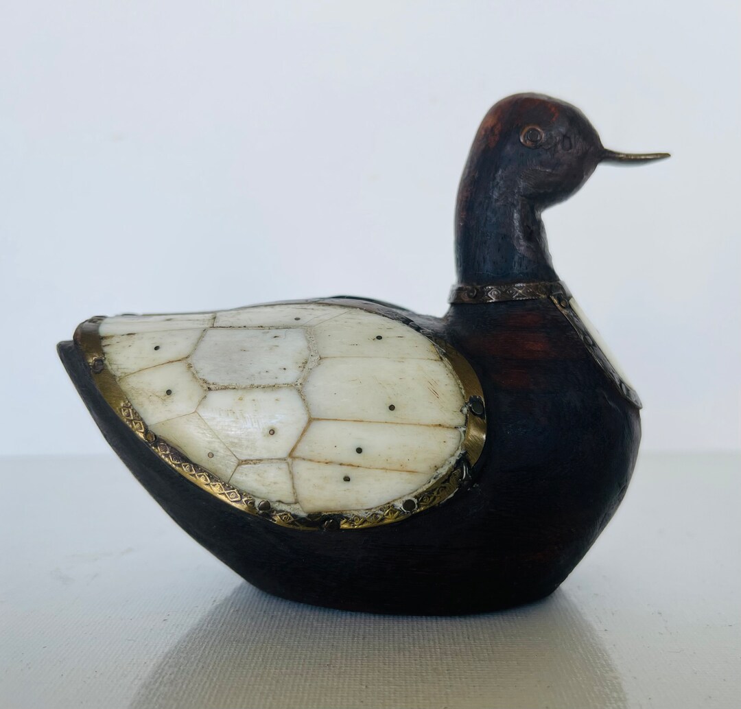 Wood Carved Duck With Mother of Pearl and Brass Embellishments - Etsy