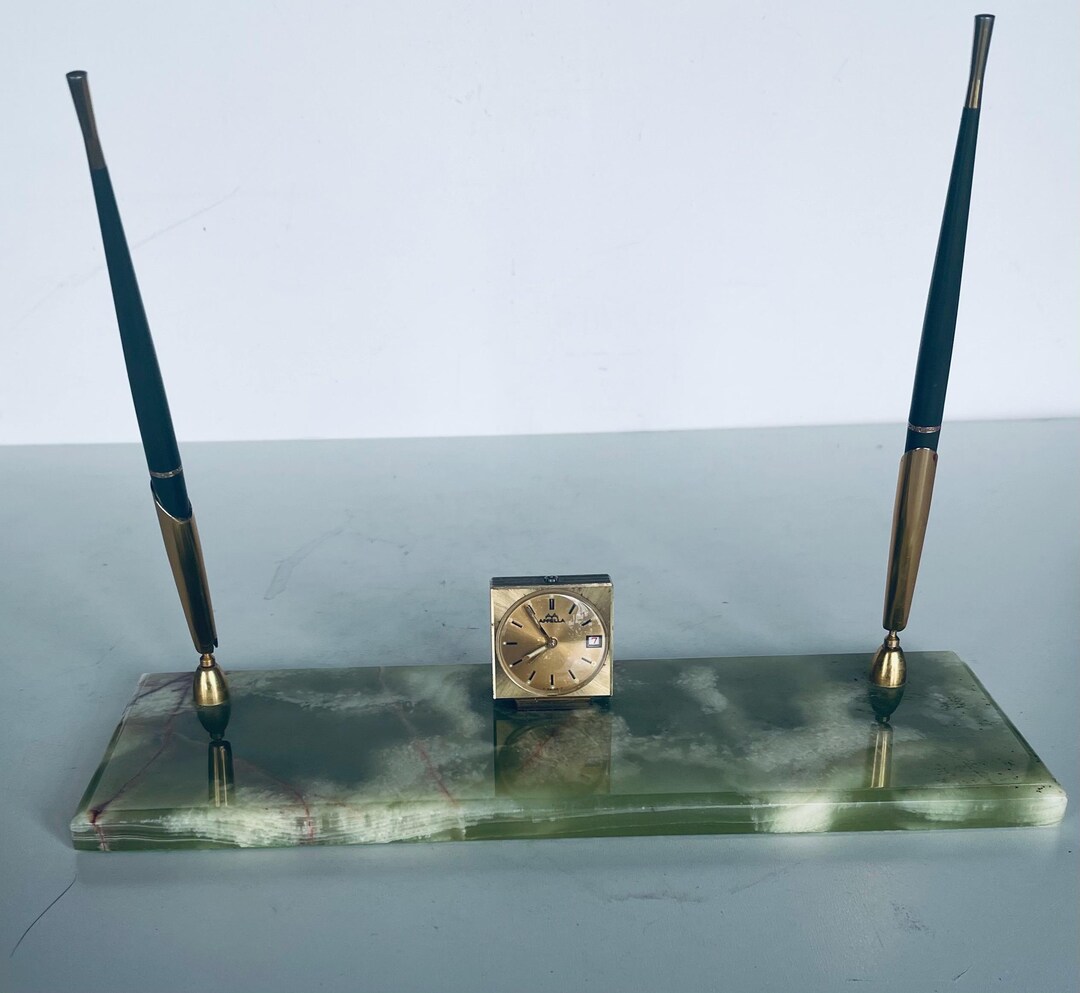 Onyx Desk Set With Swiss Clock and Two Pens Circa 1950 - Etsy UK