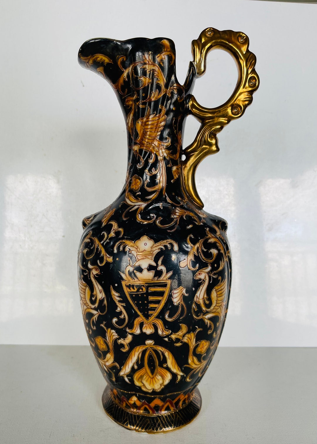 Chinese Water Jug With Peacocks and Bats on Black Ground With Gilded ...