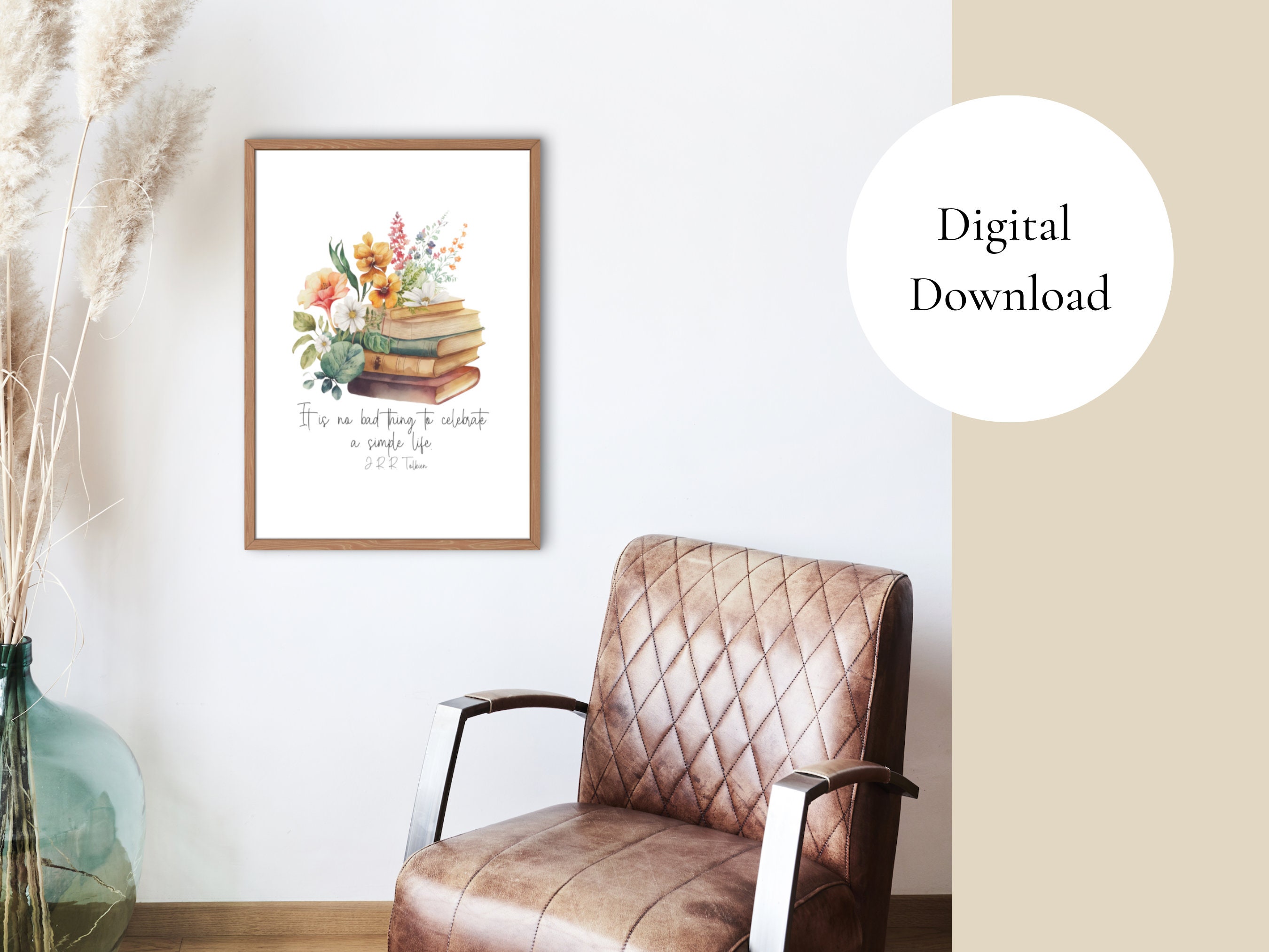 J R R Tolkien Simple Life Quote With Watercolor Books and Flowers Print ...