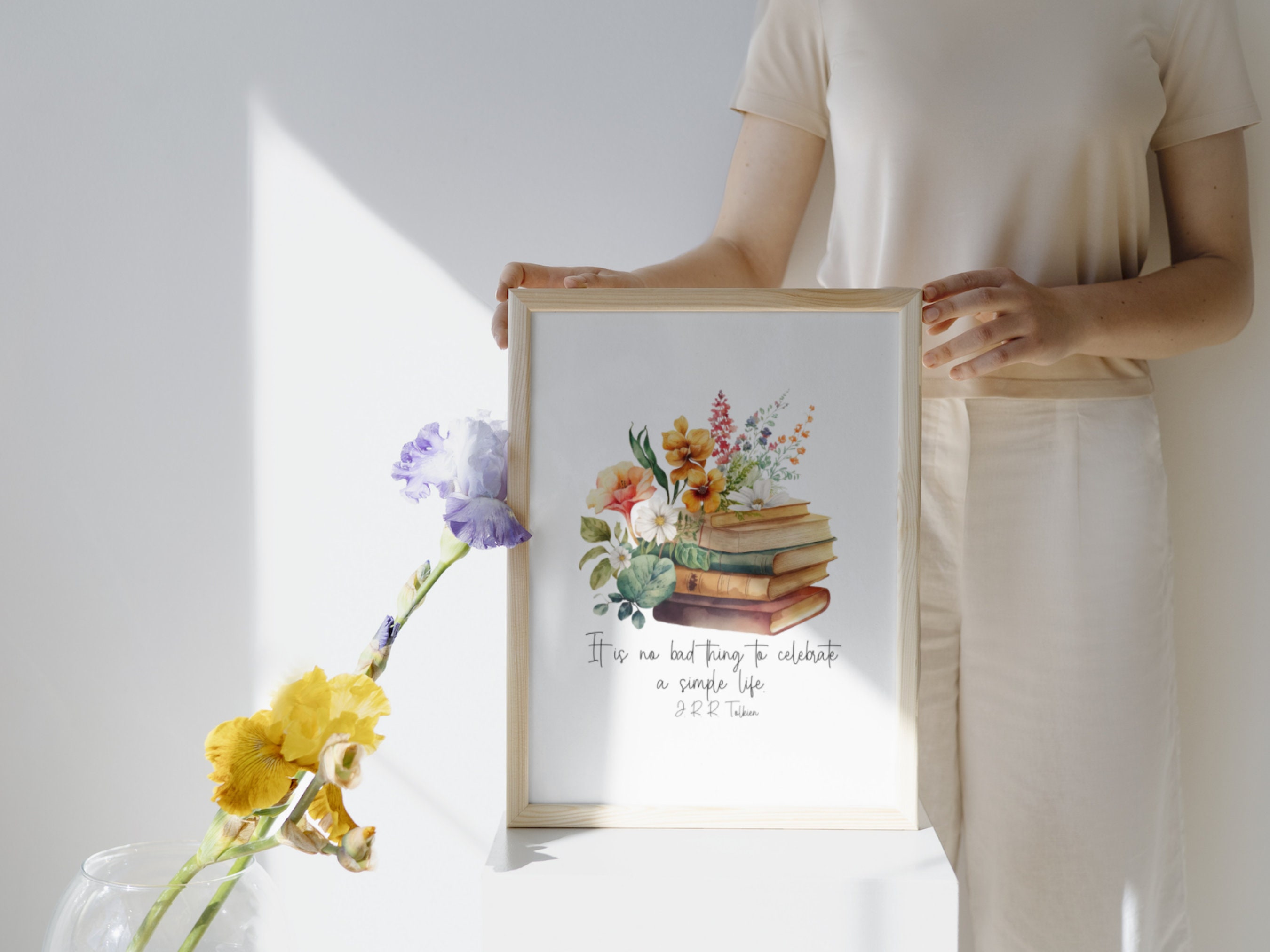 J R R Tolkien Simple Life Quote With Watercolor Books and Flowers Print ...