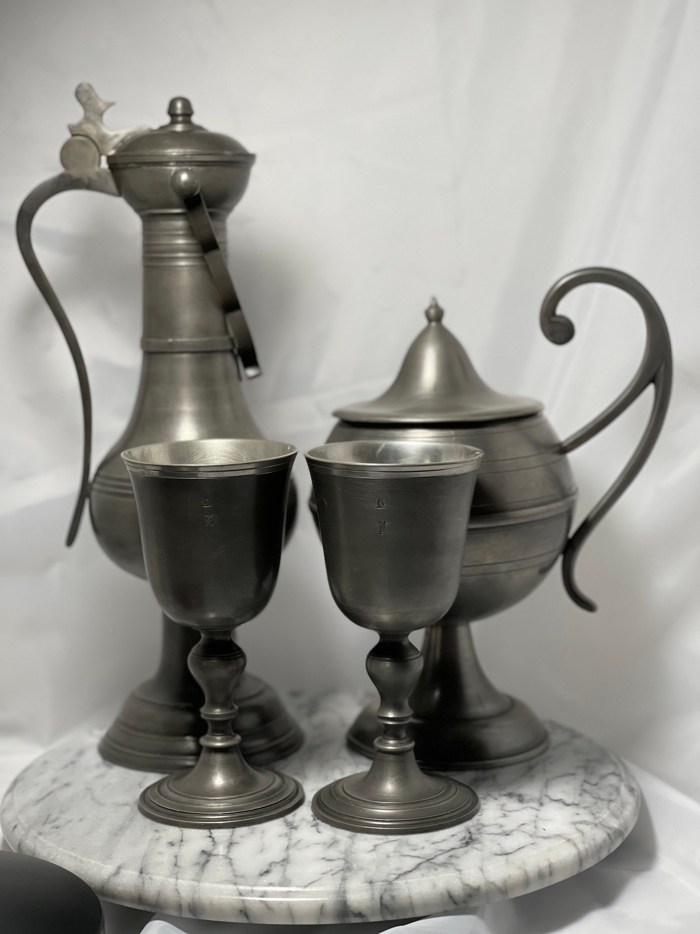 Pewter Wine Pitcher Set With Two Goblets Stamped Markings - Etsy