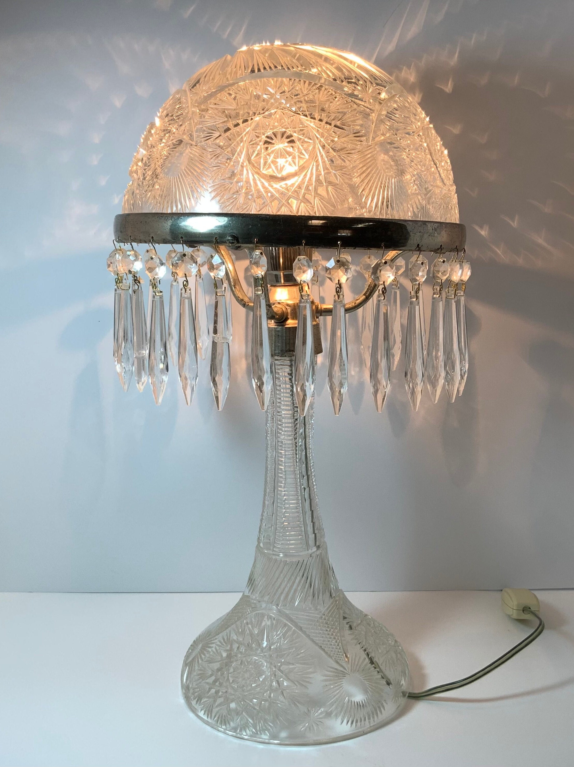 Cut Glass Lamp With Prisms Mushroom Shade Home Living Decor - Etsy