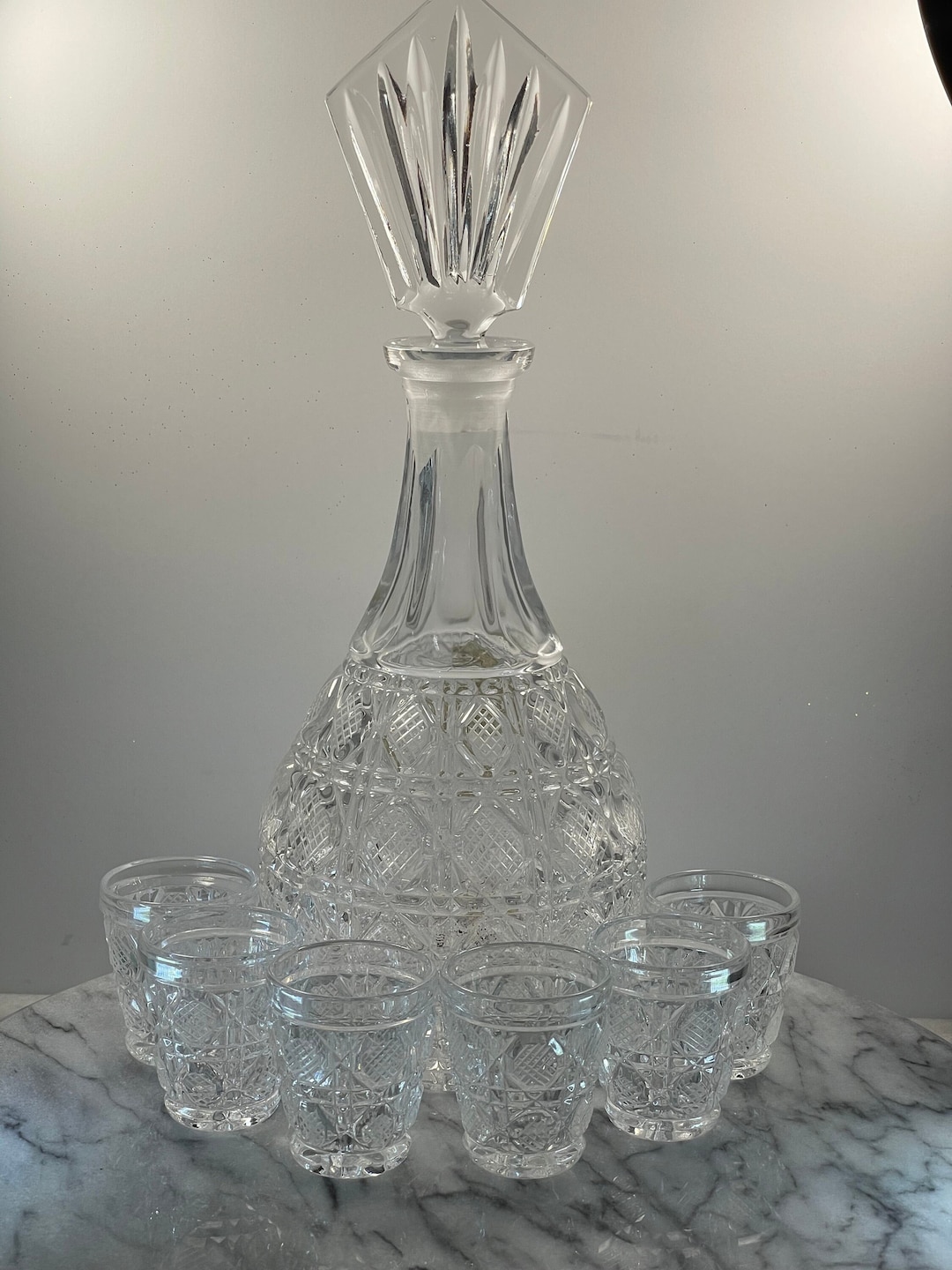 Hand Cut Lead Crystal Glass Wine Decanter With 6 Glasses Made in ...