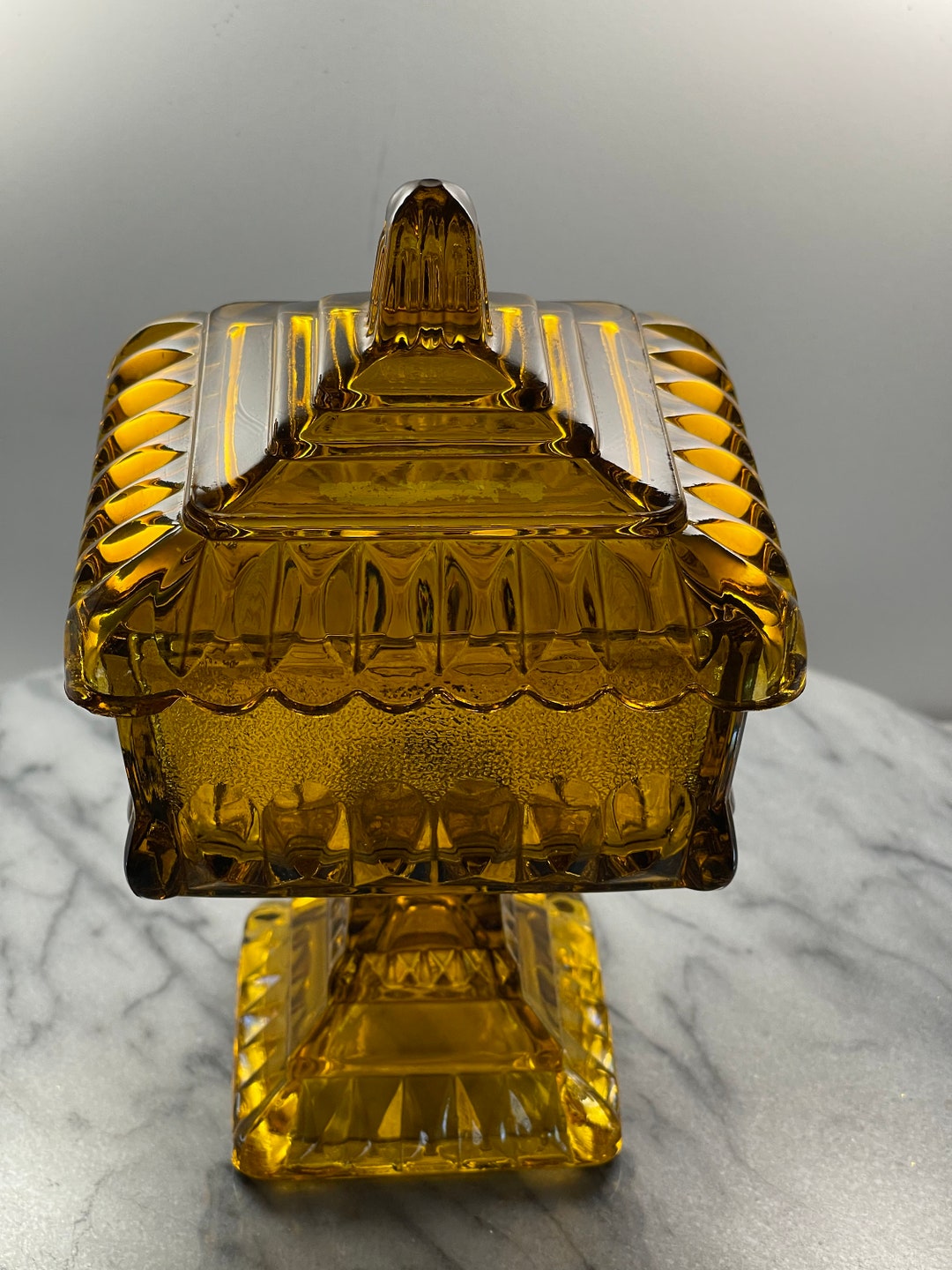 Carnival Glass Square Footed Compote Amber Candy Dish - Etsy