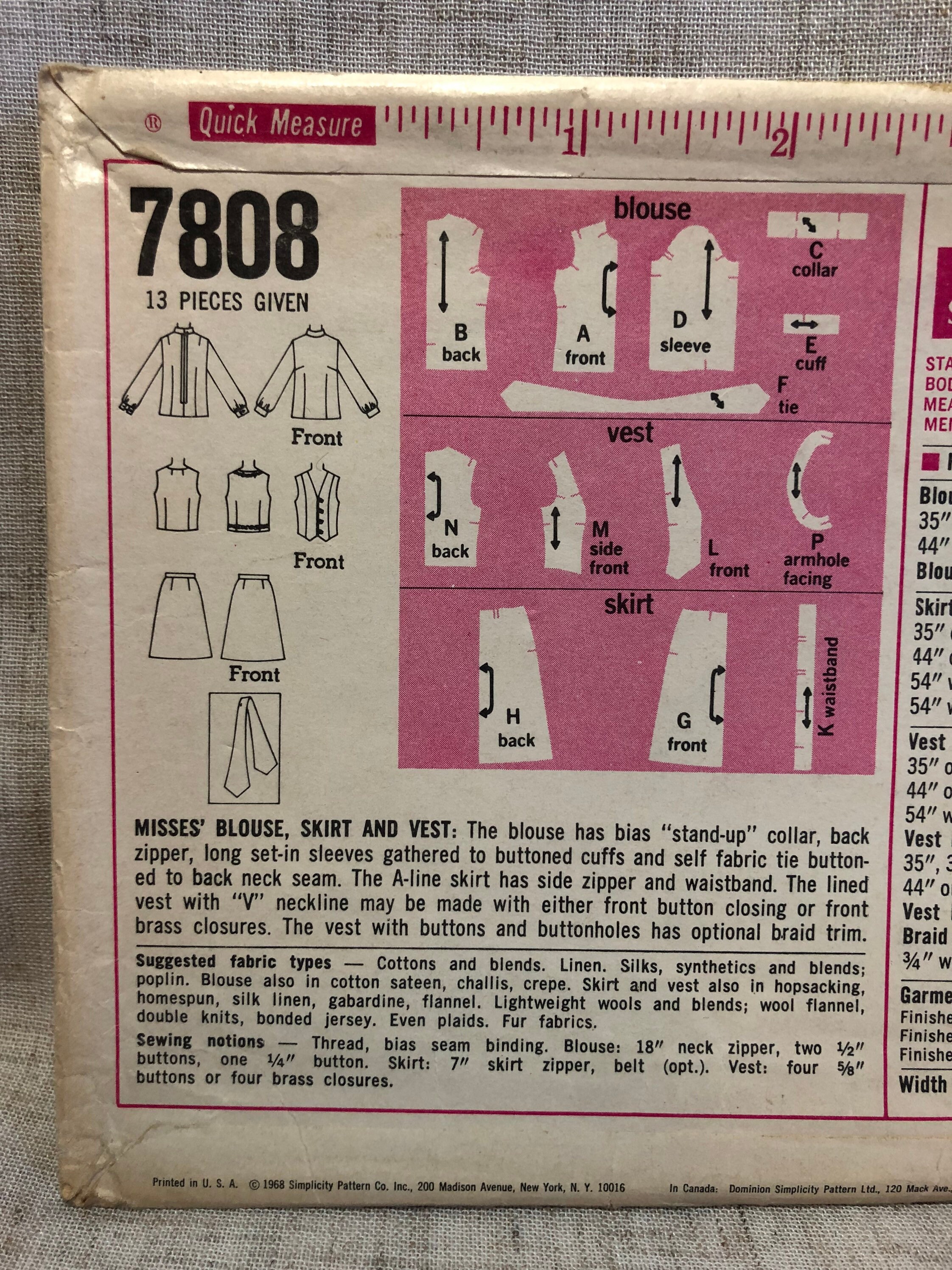 1960s Skirt Vest Blouse Simplicity 7808 Size 12 Bust 34 - Etsy