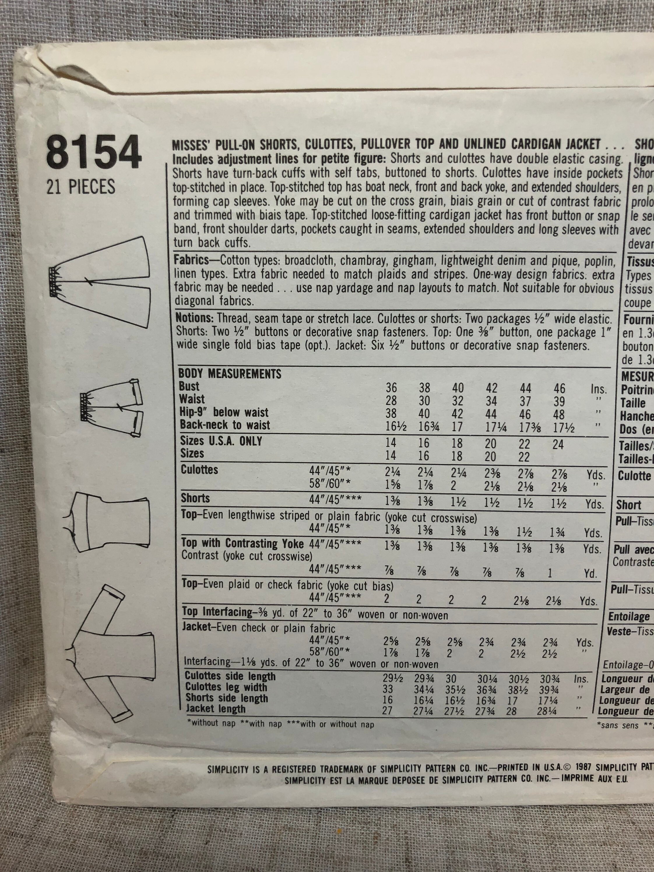 1980s Simplicity 8154 Phyllis Sidney Size 14 Bust 36 Shorts, Culottes ...