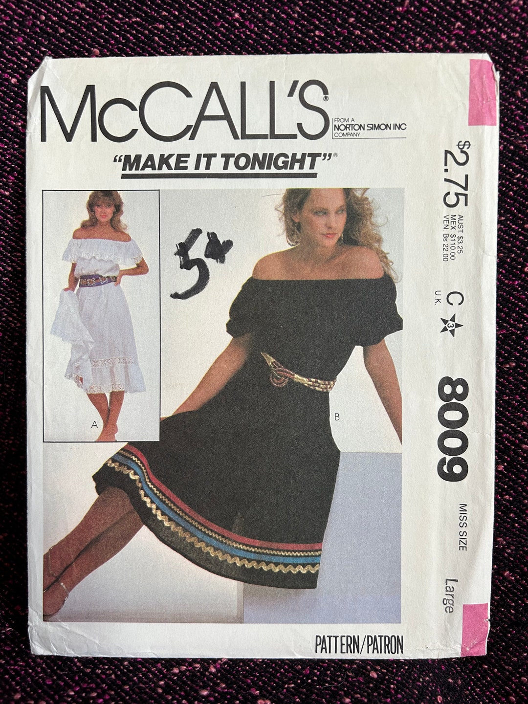 1980s Factory Folded Dress Size Large 18-20 Bust 40-42 Mccalls 8009 ...
