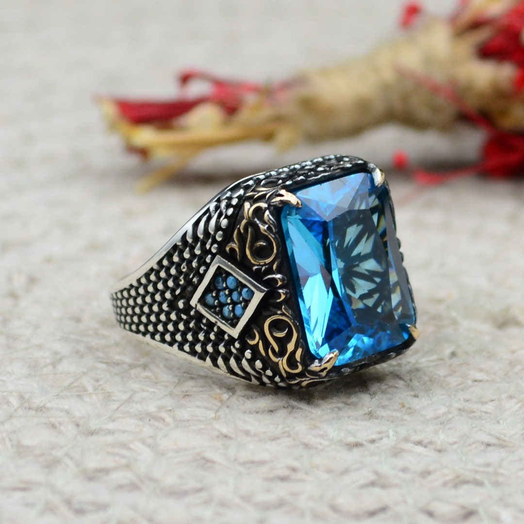 925 Sterling Silver Aquamarine Ring for Men – Handmade Turkish Design ...