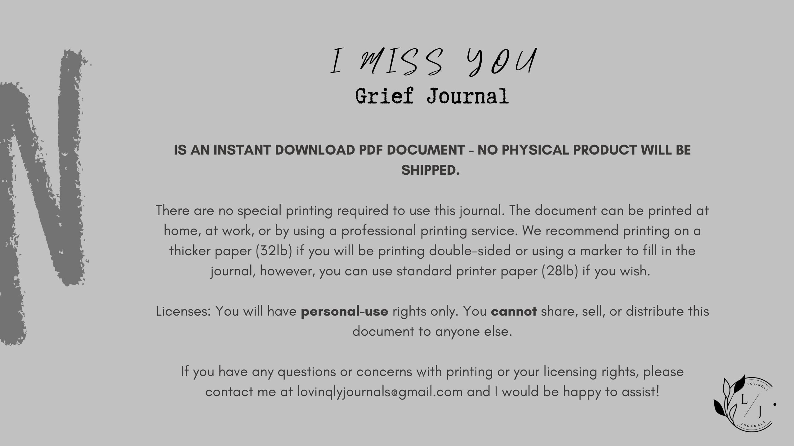 Printable Grief Journal, Loss, Bereavement Therapy, Memory Book ...