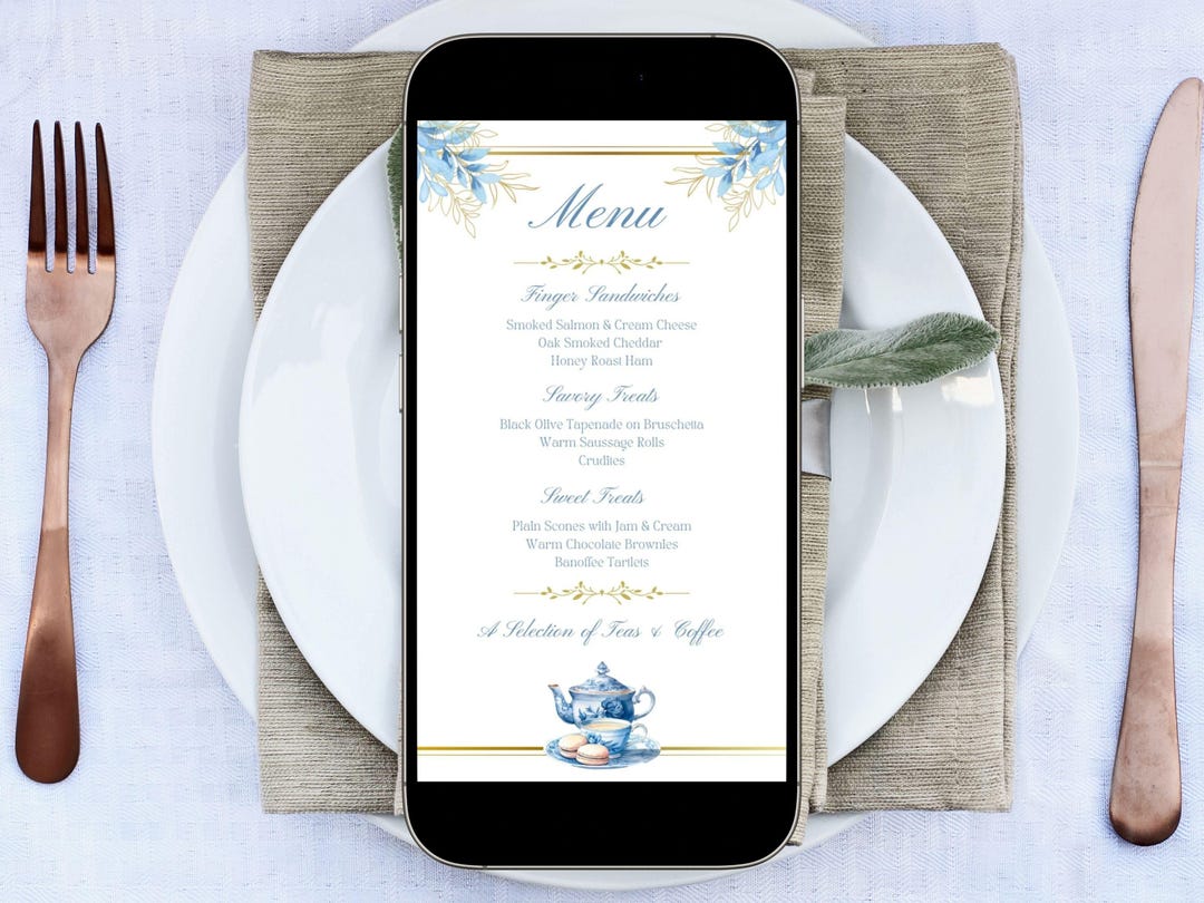 Blue Afternoon Tea Menu, Instant Digital Download Phone, Classy Garden ...