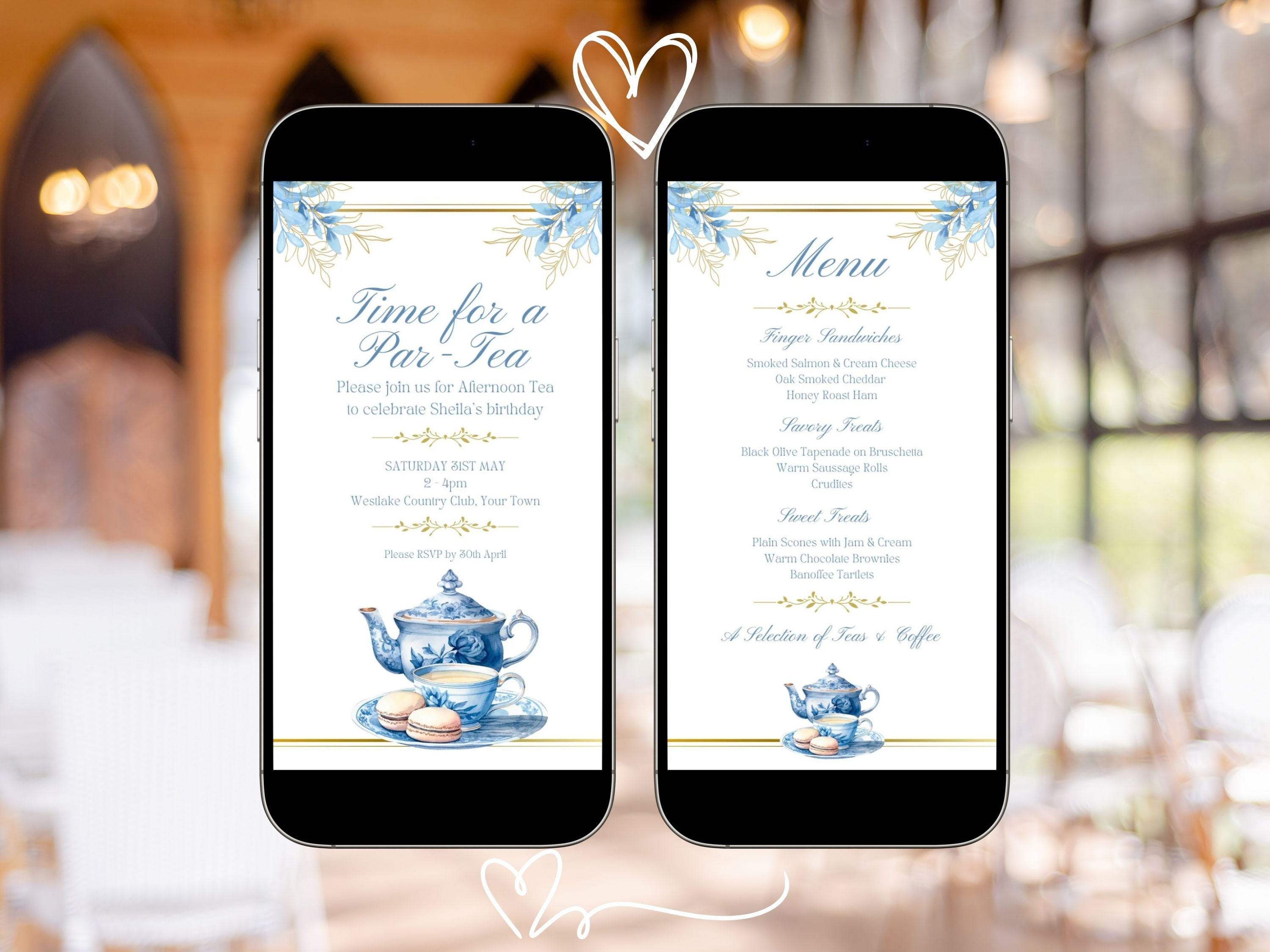 Blue Afternoon Tea Menu, Instant Digital Download Phone, Classy Garden ...
