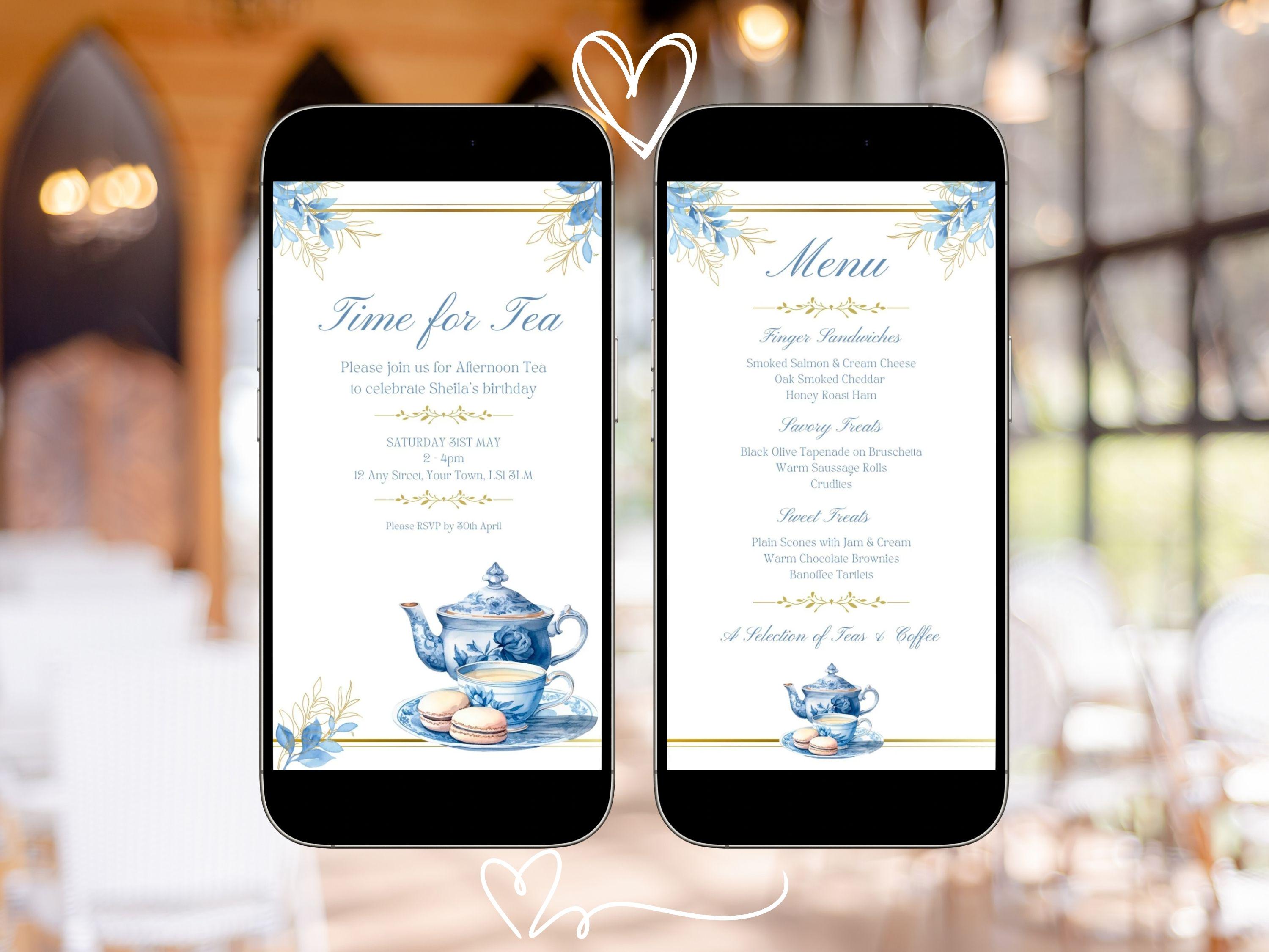 Blue Afternoon Tea Menu, Instant Digital Download Phone, Classy Garden ...