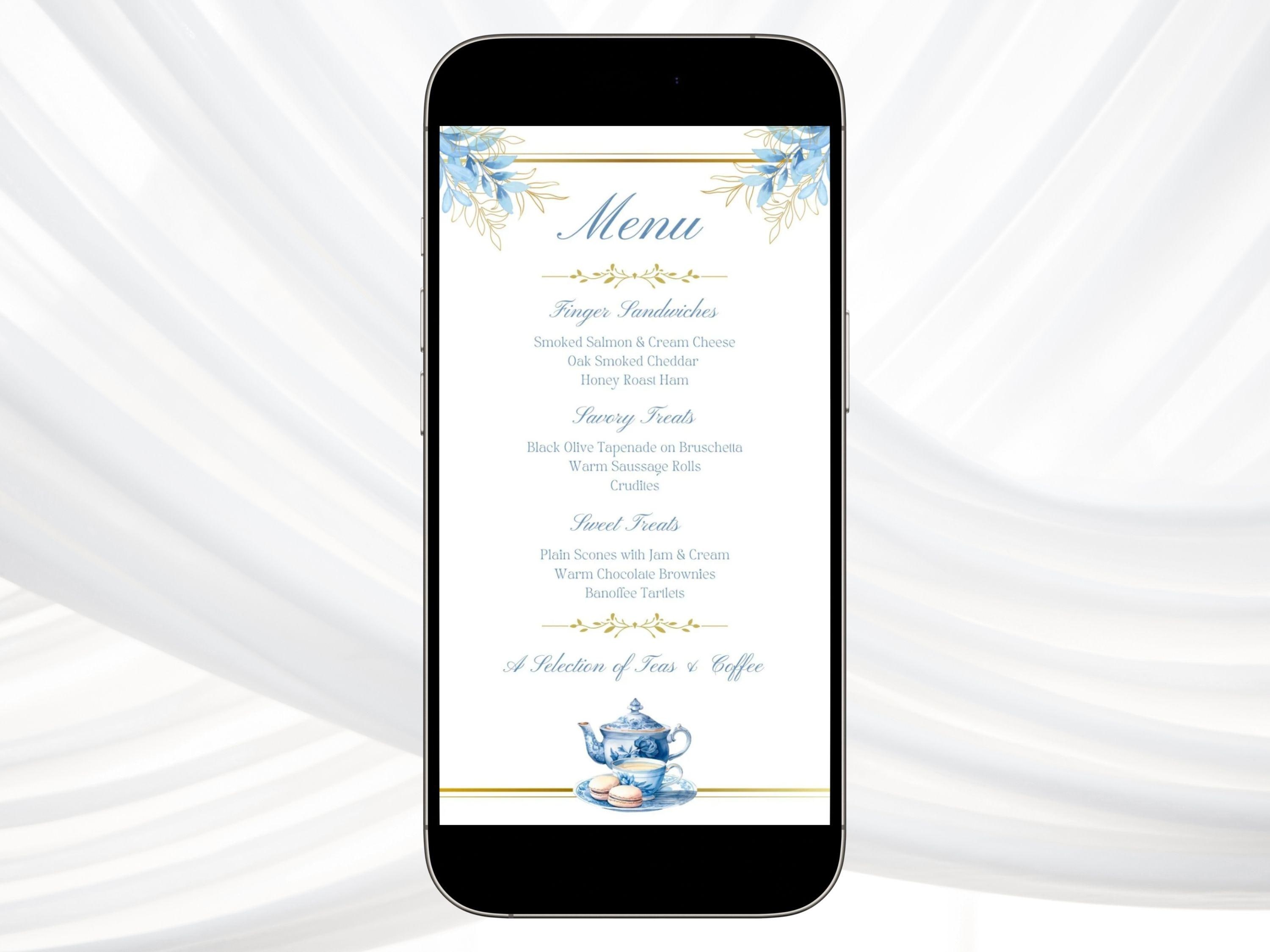 Blue Afternoon Tea Menu, Instant Digital Download Phone, Classy Garden ...