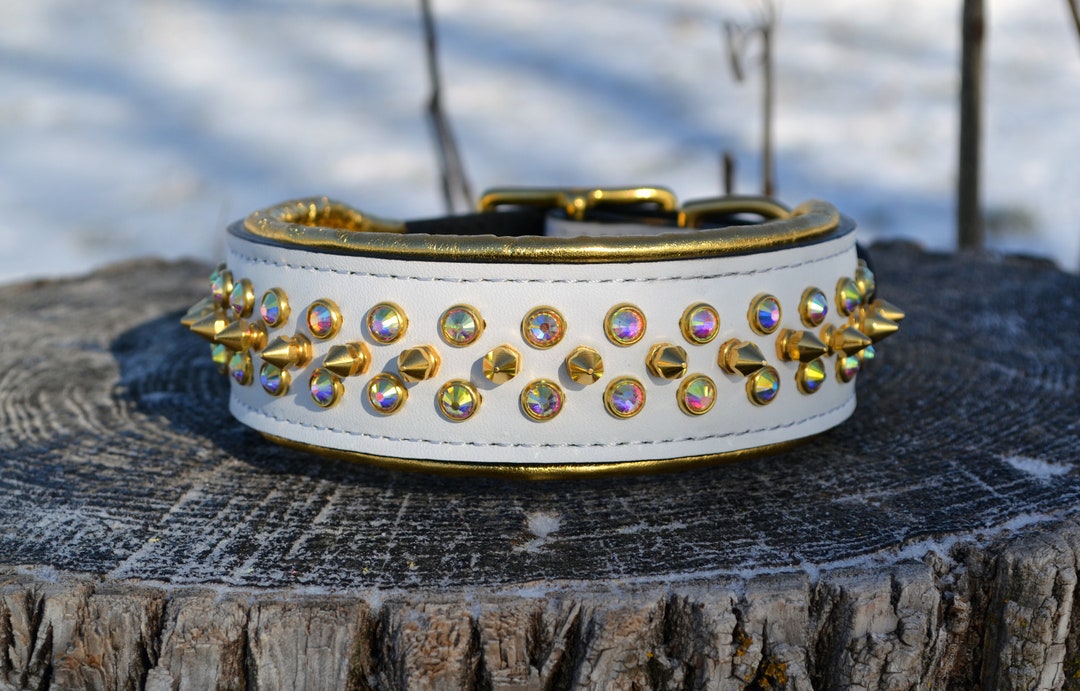 White Swarovski and Spike DOG COLLAR / Diamond Dog Collar / Custom ...