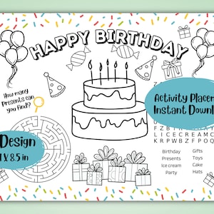 Birthday Place Mat, Activity Sheet, Birthday Download, Birthday ...