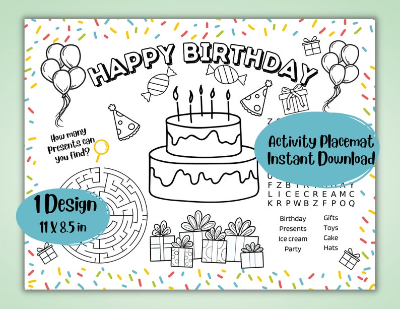 Birthday Place Mat, Activity Sheet, Birthday Download, Birthday ...