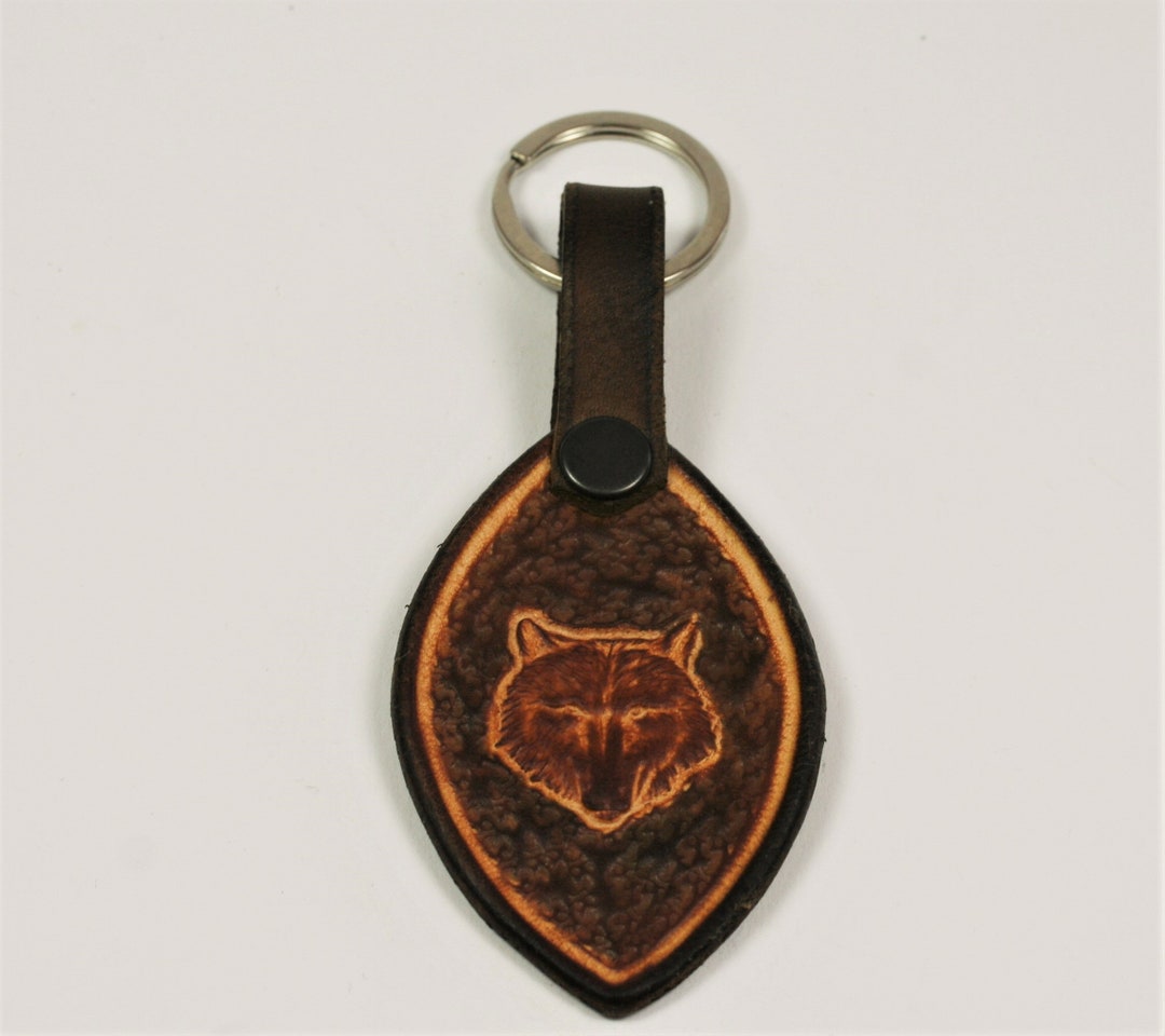 Keyring Leather Brown Wolf Head Embossed Handcrafted Ring WOLF ...