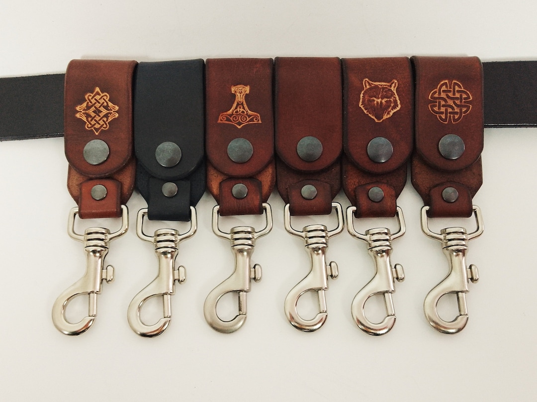 Belt Clip Leather Brown and Black Various Motifs Push Button Carabiner ...