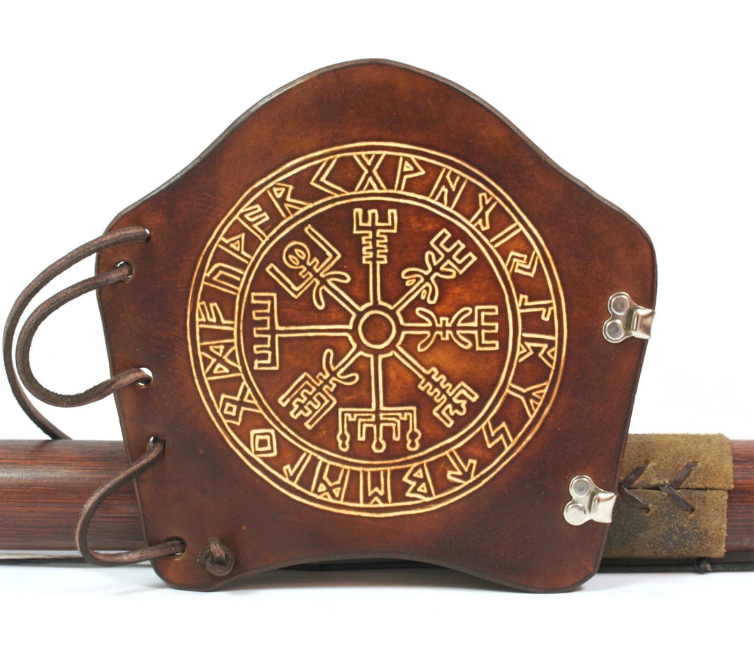 Handmade Arm Guard Archery Leather Brown Compass Runes VEGVISIR Viking ...