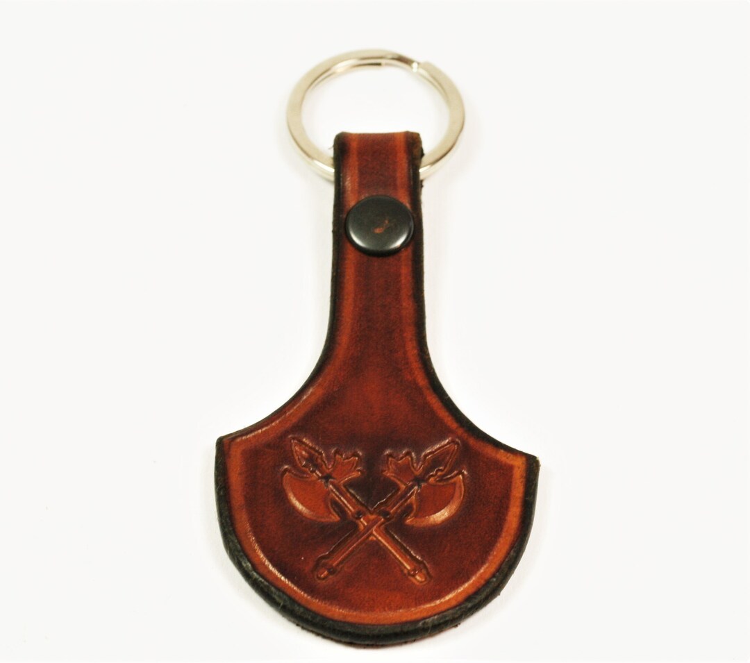 Keyring Leather Brown Double Axe AXE Embossing Handmade Ring Viking ...