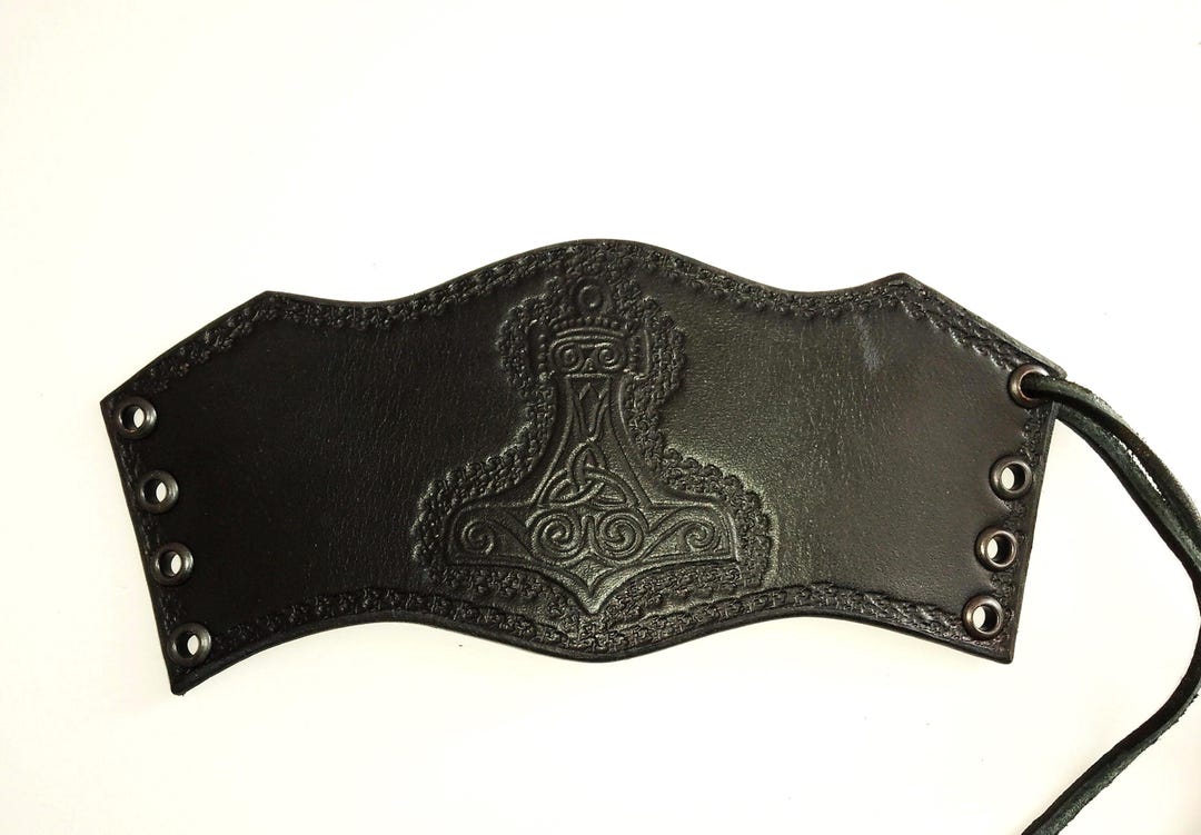 Bracelet Viking Thor's Hammer Punched W9cm Leather Black Cuff Joint ...