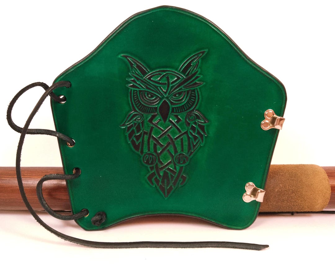 Handmade Carved Armguard Archery Celtic Owl Leather Green Bow Cuff ...