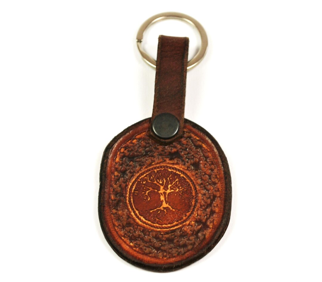 Handmade Keyring Genuine Leather Brown Tree of Life Embossed Punched ...