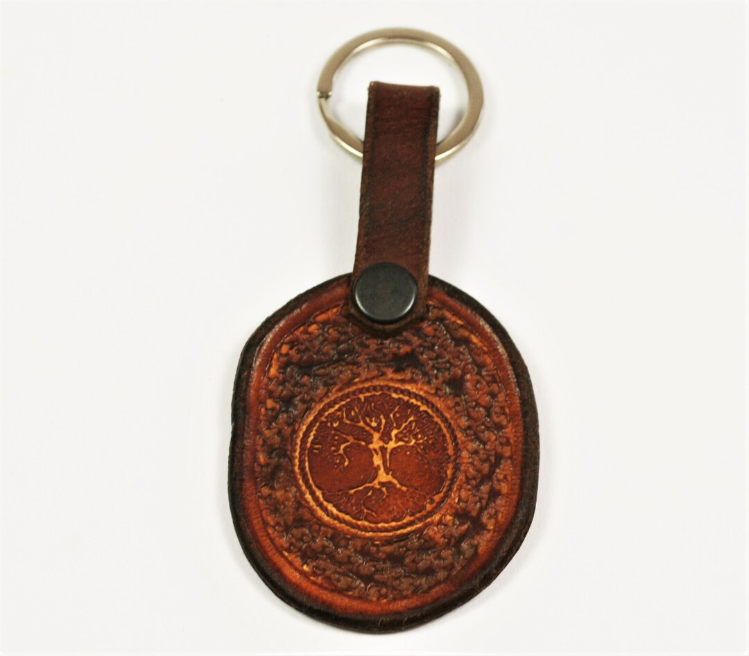 Keyring Leather Brown Tree of Life Embossed Handcrafted Ash Ring World ...