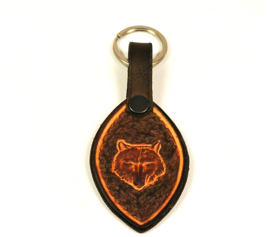 Brown Leather Key Ring With Wolf's Head Embossing, Handcrafted, Ring ...