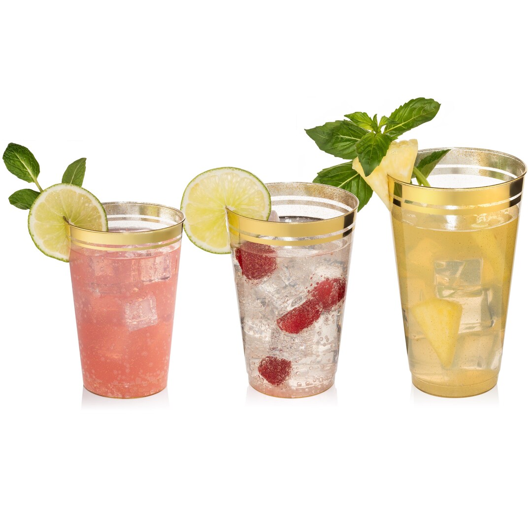 100 Premium Disposable Gold Glitter Plastic Cup | Double Gold Rim Cups ...
