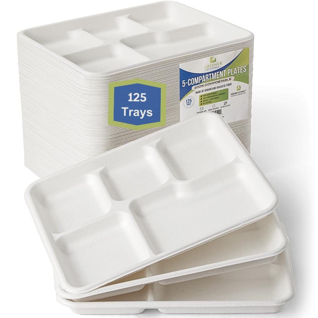 Greener Settings 125 Paper Compartment Plates Food Trays Disposable ...
