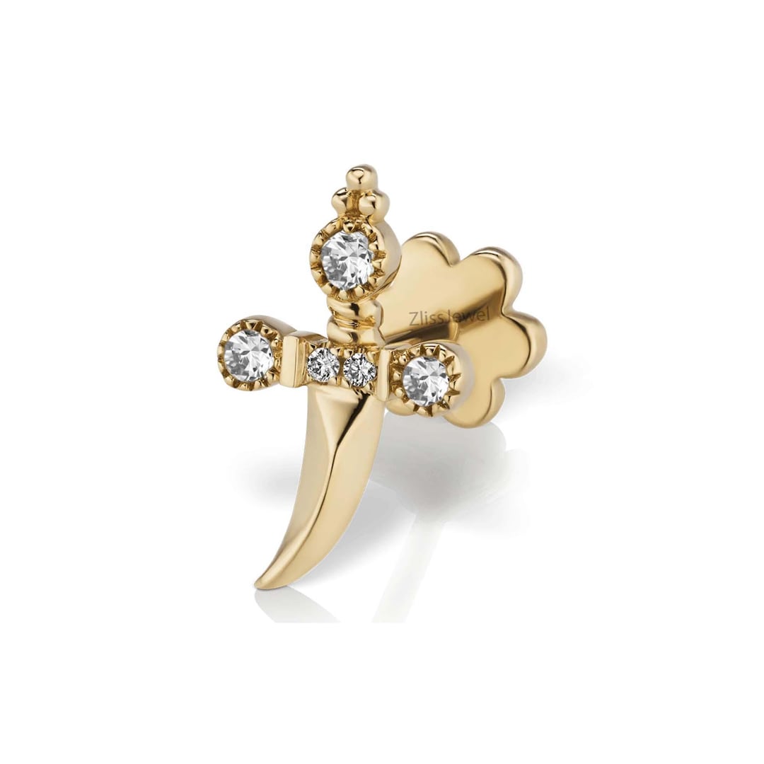 Lab Grown Diamond Trinity Hilt Dagger Threaded Stud 14k Solid Gold ...