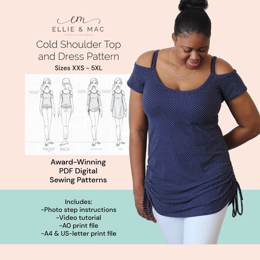 Cold Shoulder Top and Dress Sewing Pattern With Video Tutorial Sizes ...