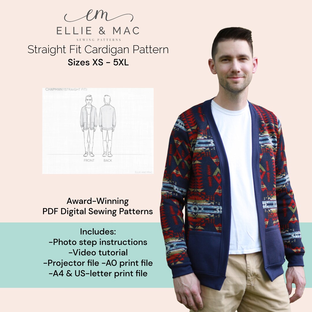 Chapman Cardigan Sewing Pattern: Straight Fit, Sizes XS-5XL (PDF ...
