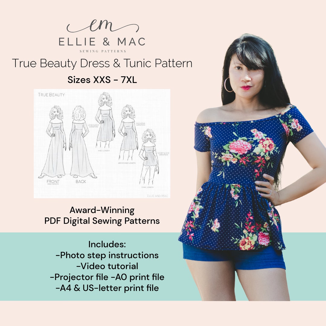 Off Shoulder Dress + Tunic Sewing Pattern With Video Tutorial Sizes XXS ...