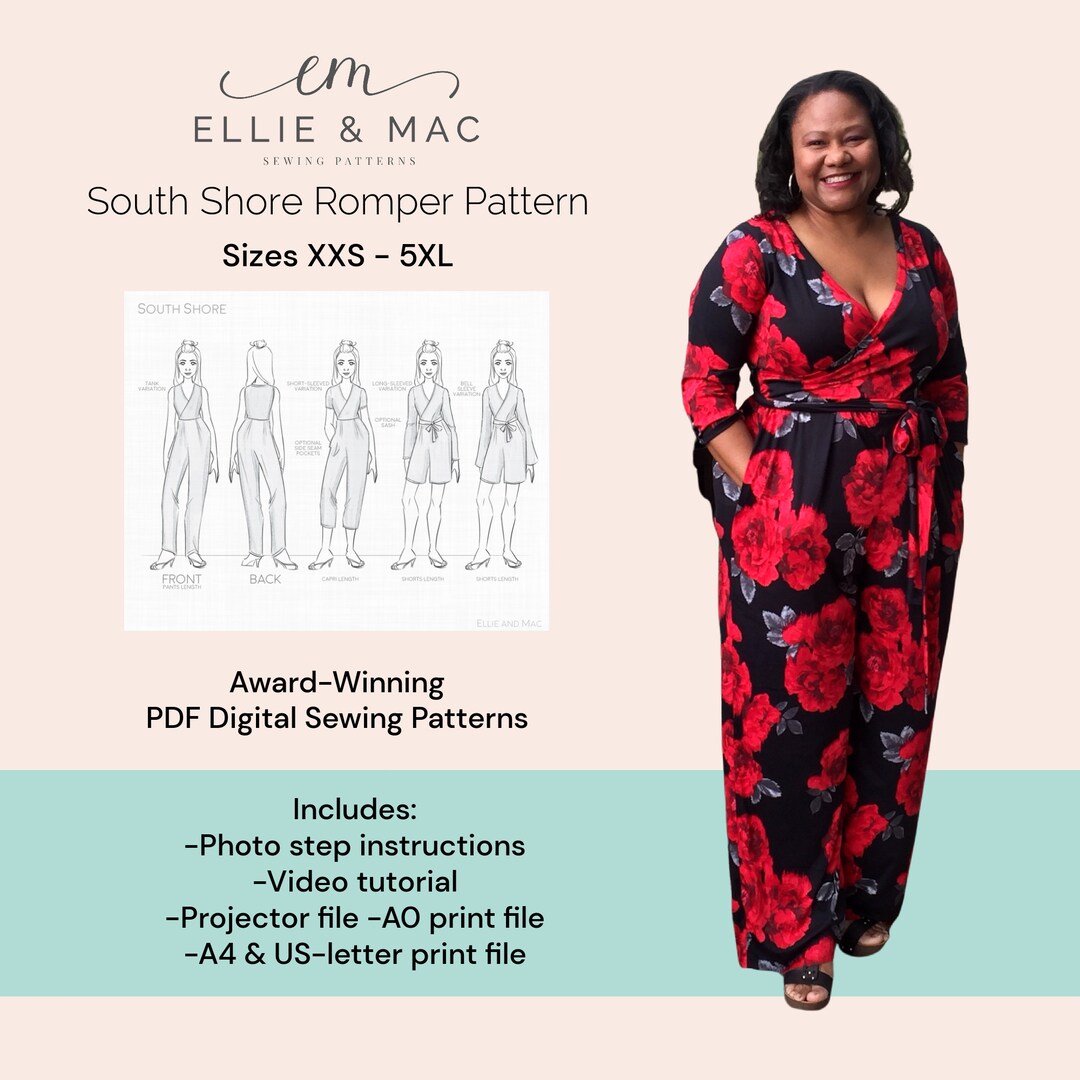 South Shore Wrap Romper Sewing Pattern - 11 Sizes XXS - 5XL - Projector File - A0 File - A4 US ...
