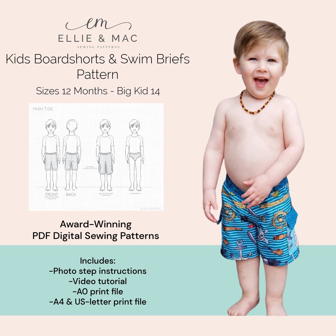 Kids Swim Trunks Sewing Pattern Sizes 12m 14 Digital PDF Sewing Pattern ...