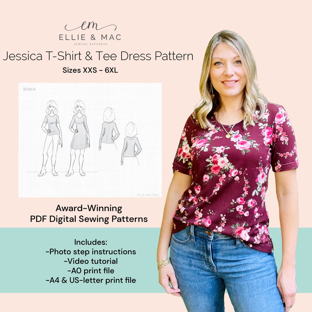 Easy T-shirt & Dress Sewing Pattern | 13 Sizes - XXS - 6XL | Projector ...
