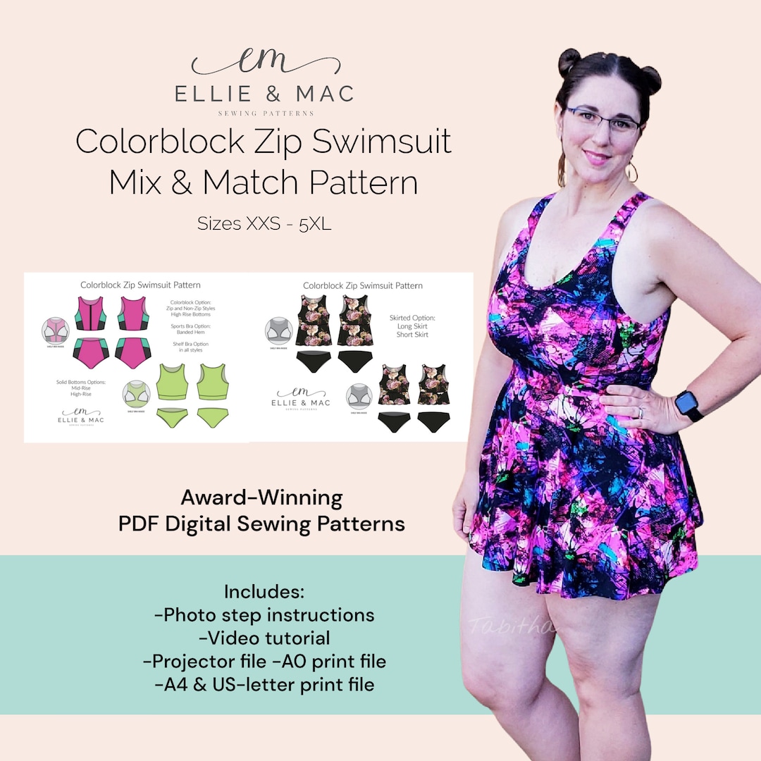 Skirted Swimsuit Sewing Pattern: Colorblock Zip, XXS-5XL (digital PDF ...