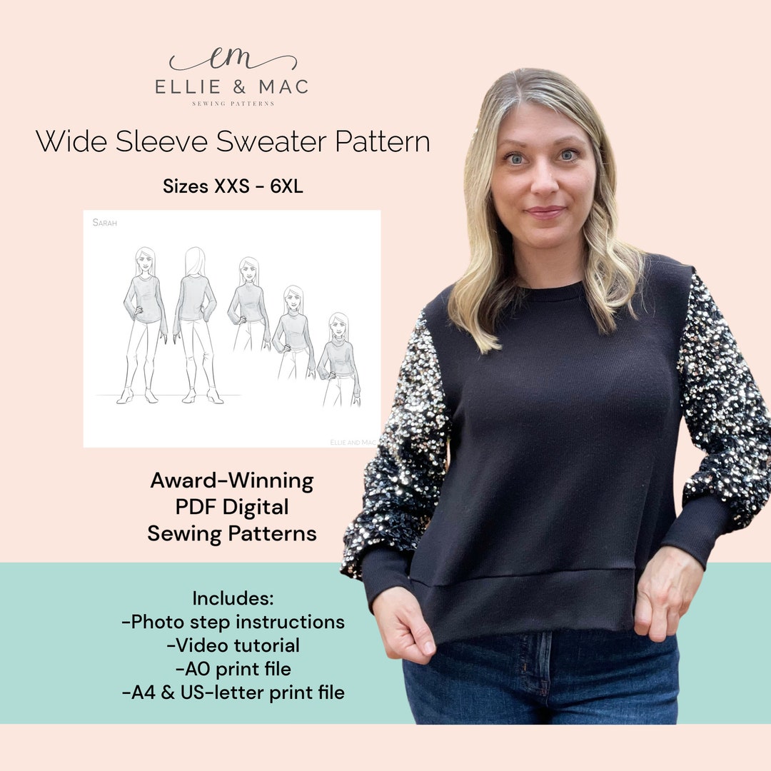 Wide Sleeve Sweater Sewing Pattern With Video Tutorial Sizes XXS 6XL ...