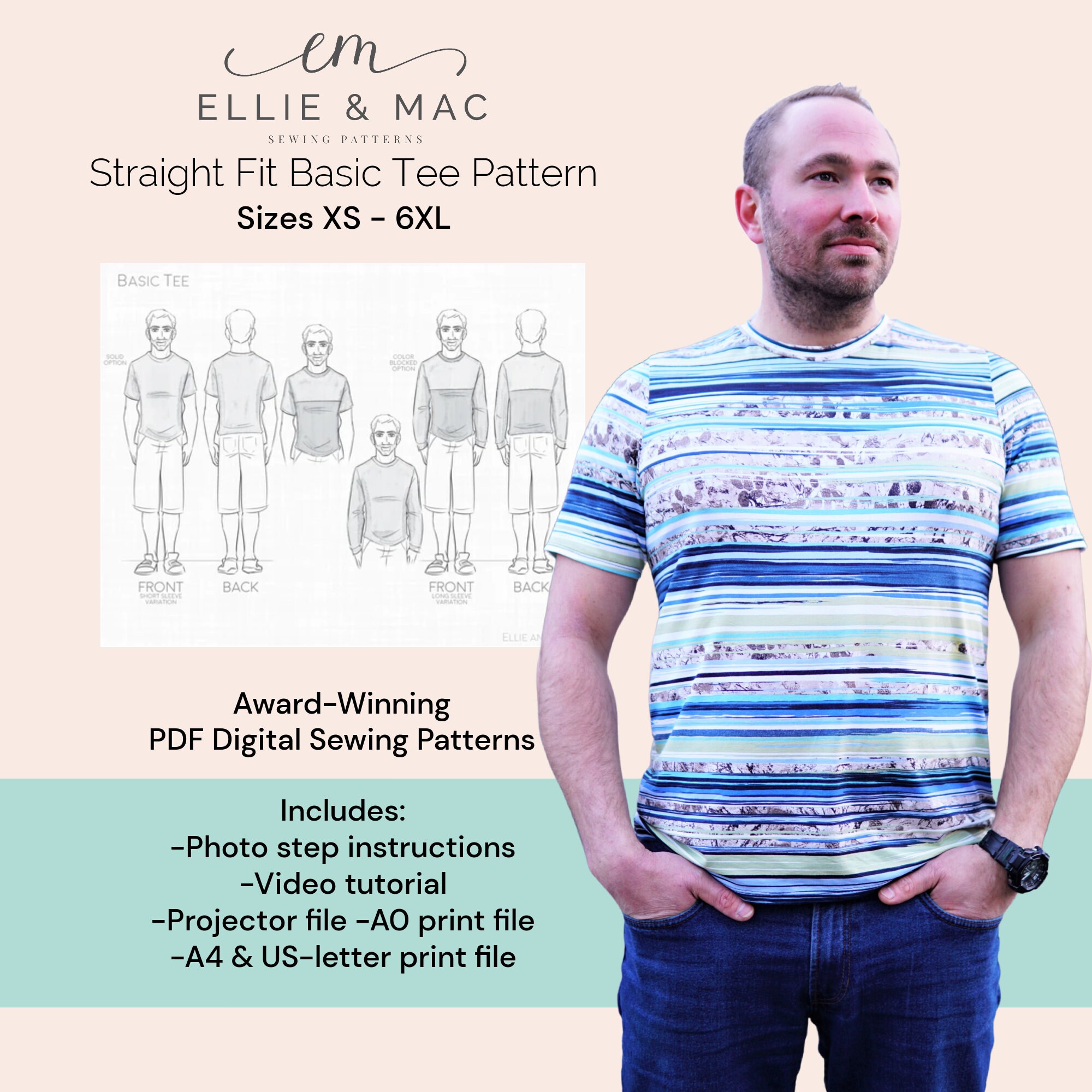 Basic Tee Pattern PDF Sewing Pattern straight Fit Sizes - Etsy
