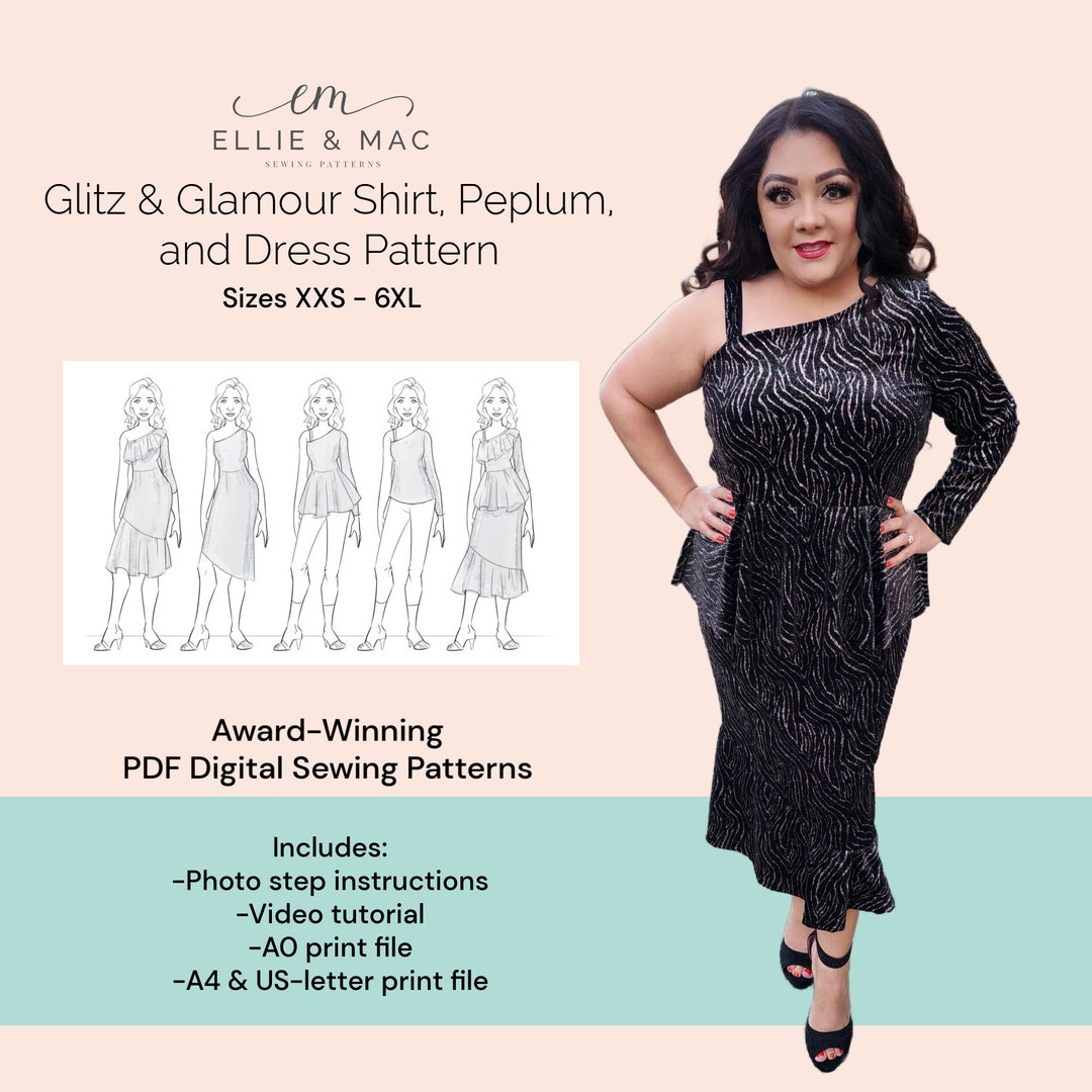 One Shoulder Dress Sewing Pattern: Peplum, Flounce Options (PDF Pattern ...