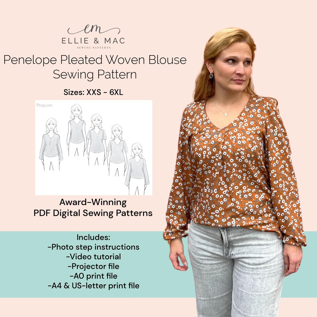 Pleated Woven Blouse Sewing Pattern: Penelope Design (sizes XXS-6XL ...