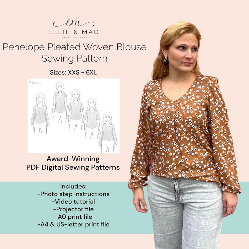 Pleated Woven Blouse Sewing Pattern: Penelope Design (sizes XXS-6XL ...