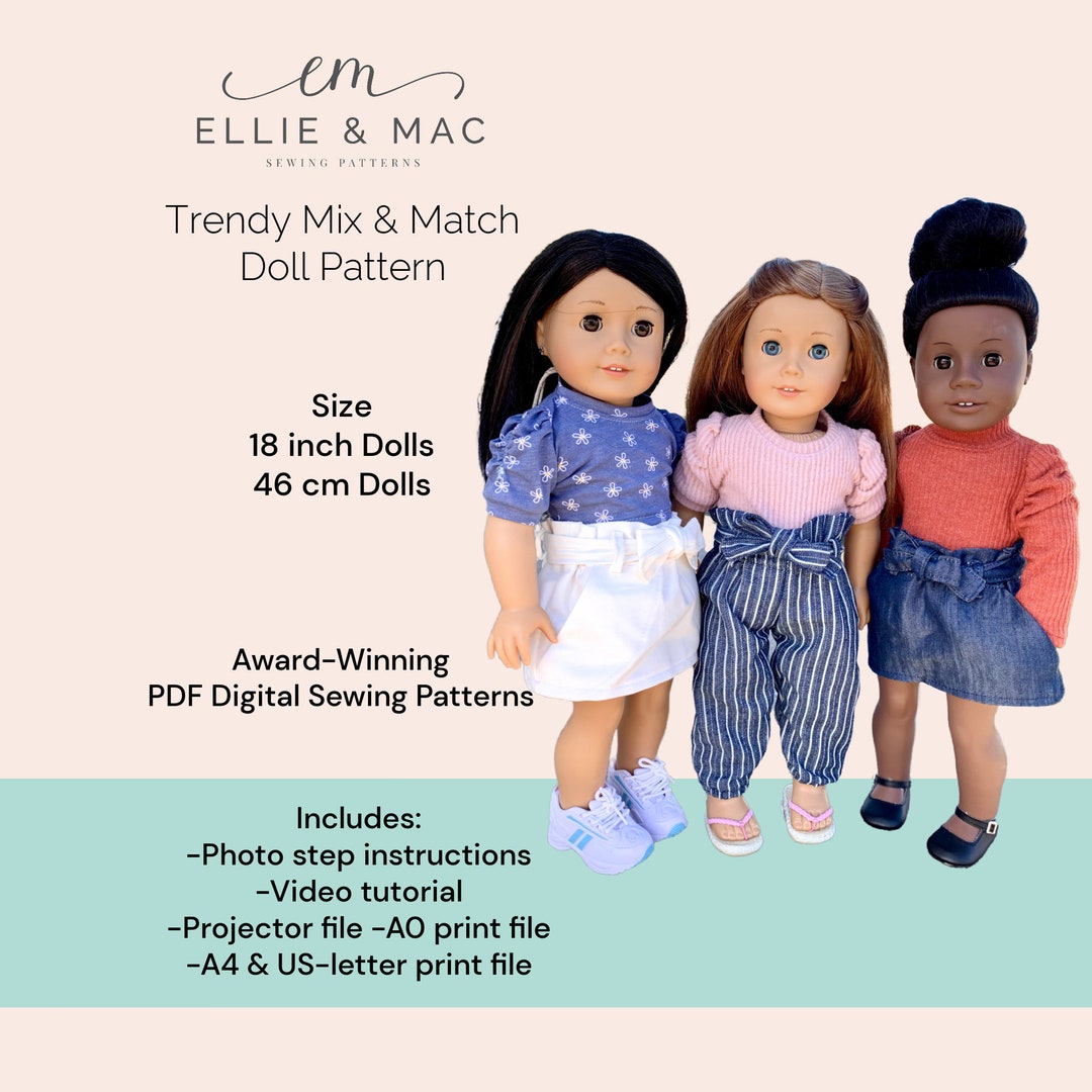 Mix and Match Doll Clothing Pattern PDF A4, A0, LETTER, Projector, Sewing Patterns 18 Inch Doll ...