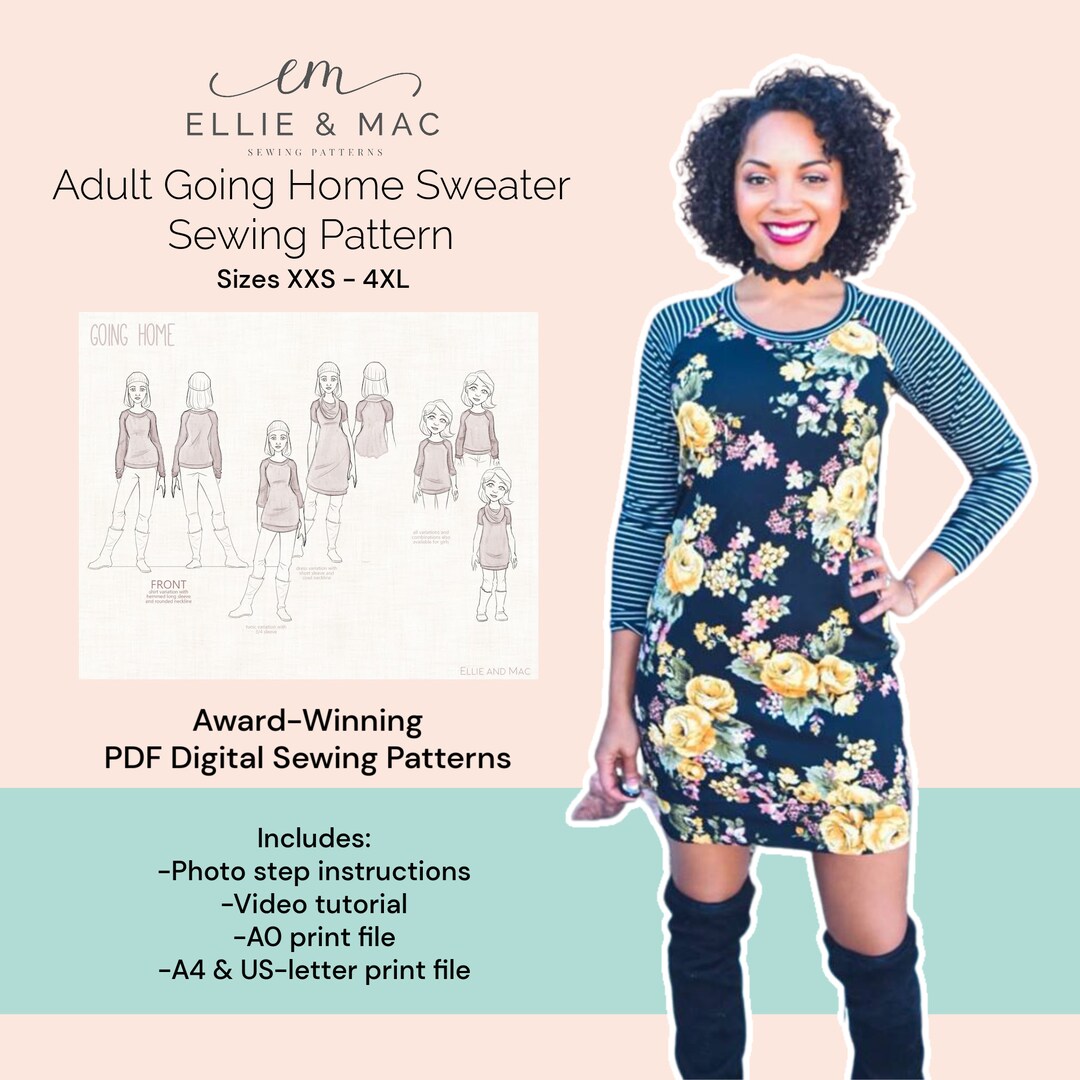 Raglan Sweater Dress + Top Sewing Pattern With Video Tutorial Sizes XXS ...