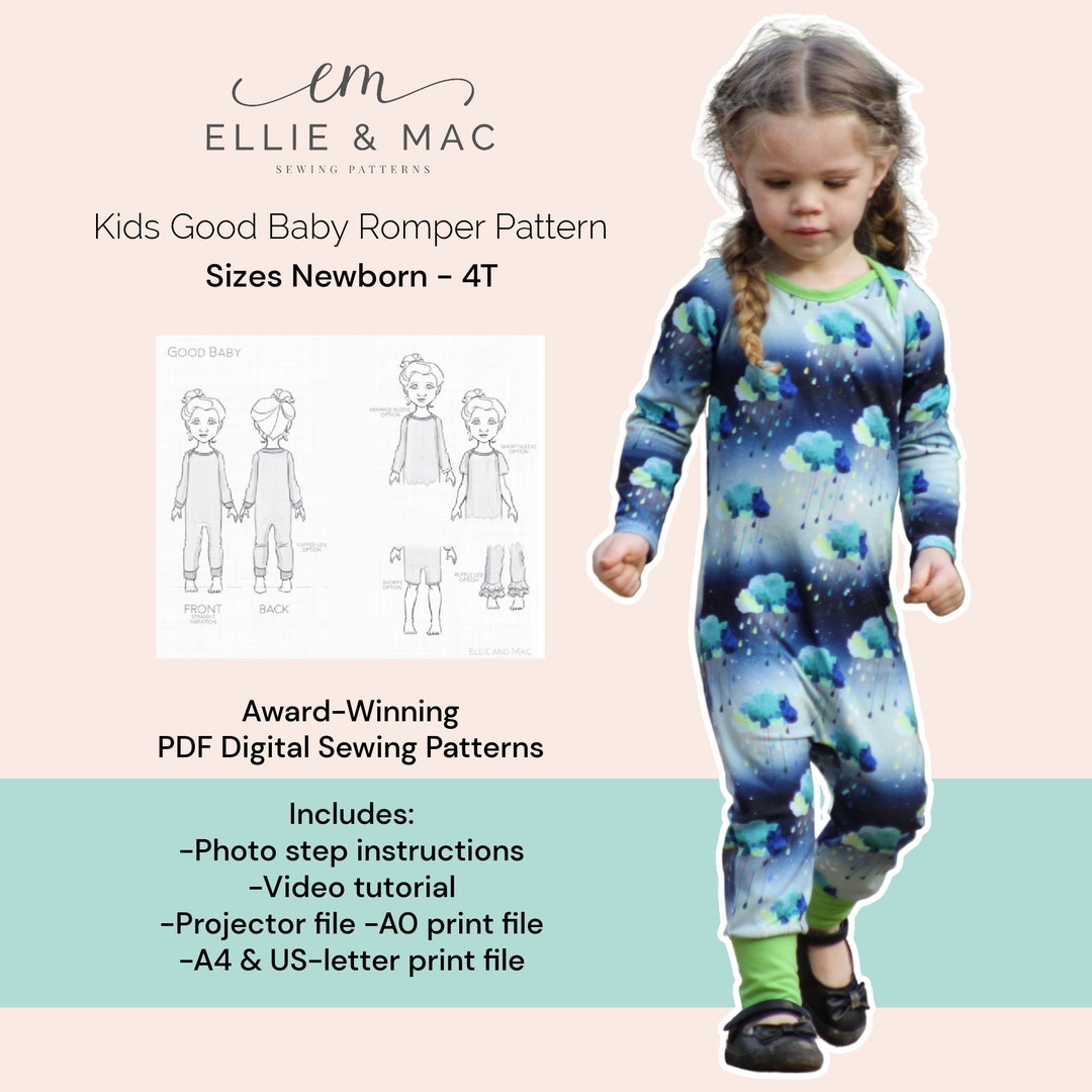 Baby + Kids Romper Sewing Pattern - Digital PDF Sewing Pattern - Sizes ...