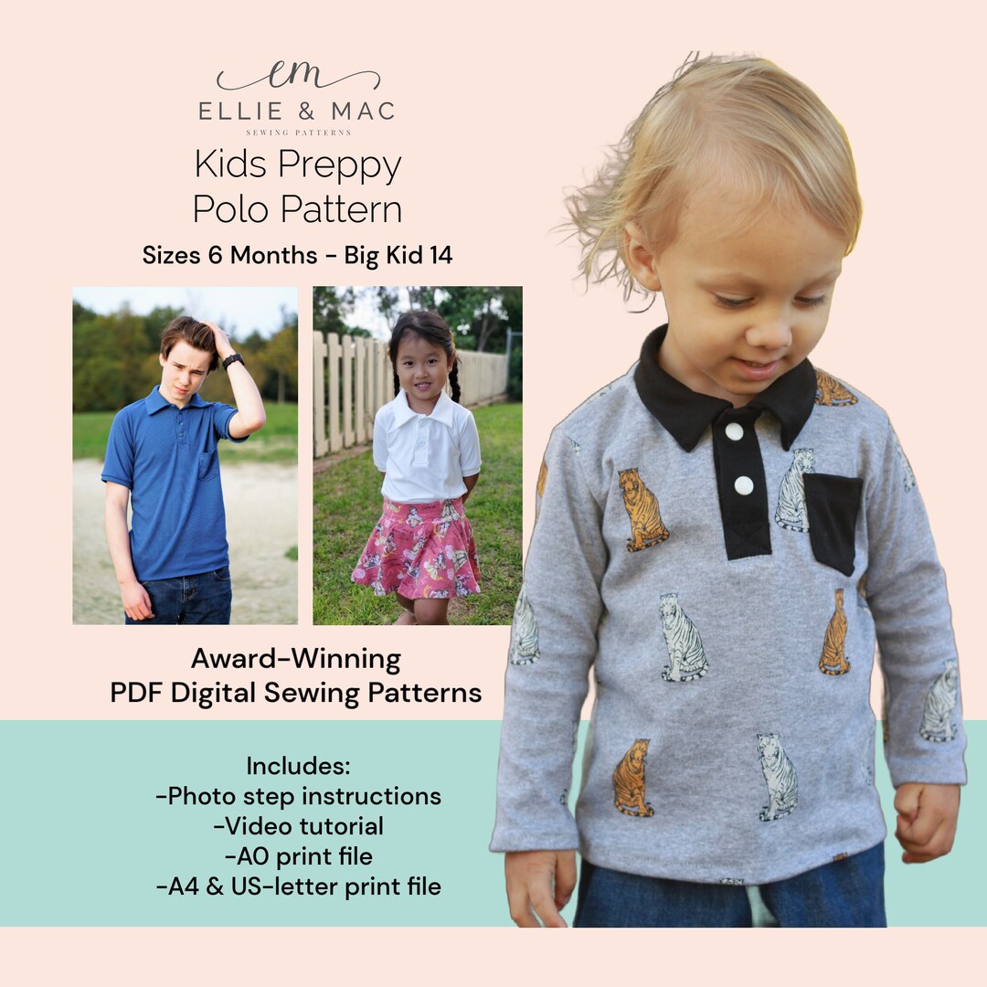 Kids Polo Shirt Sewing Pattern Video Tutorial Sizes 6 Months Big Kid 14 ...