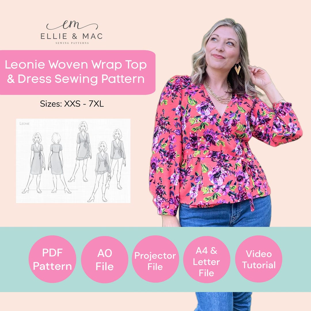 Woven Wrap Top & Dress Sewing Pattern: Leonie Design (XXS-7XL) (PDF ...